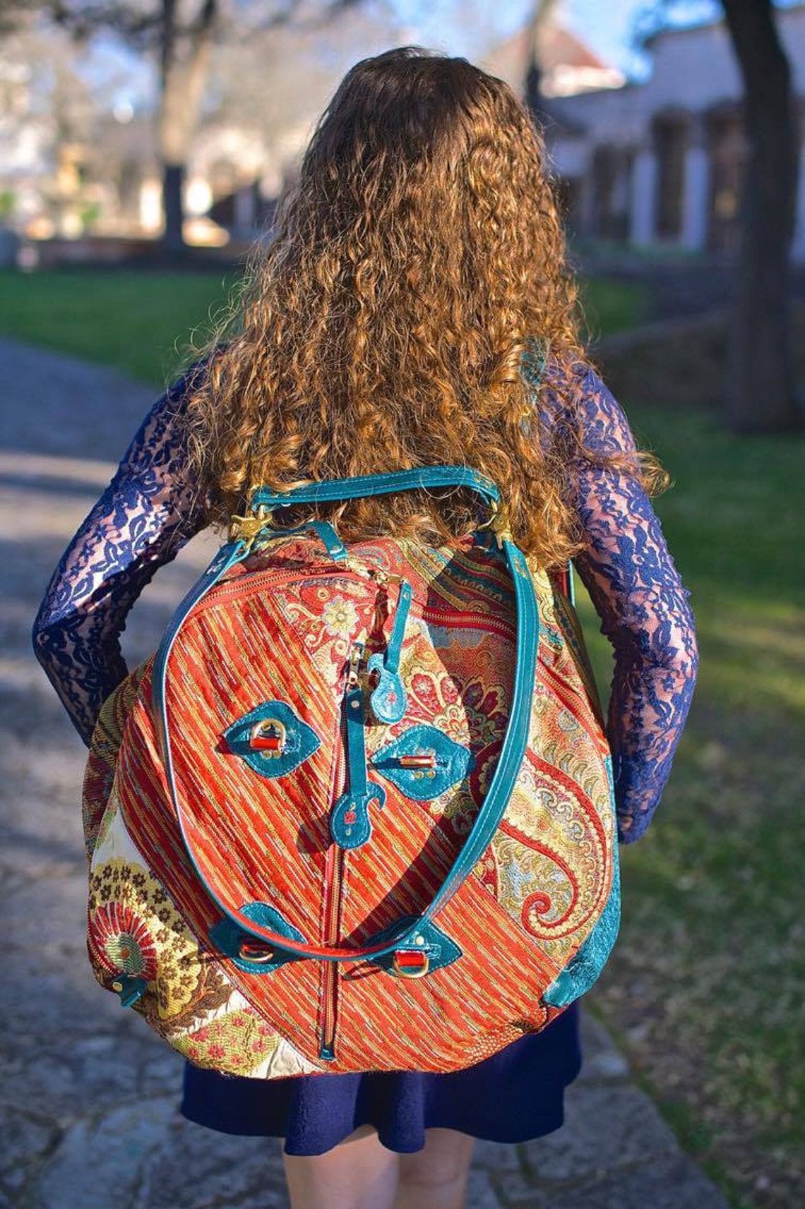 Transformable Tapestry Backpack With Leather Handles and Trims ...