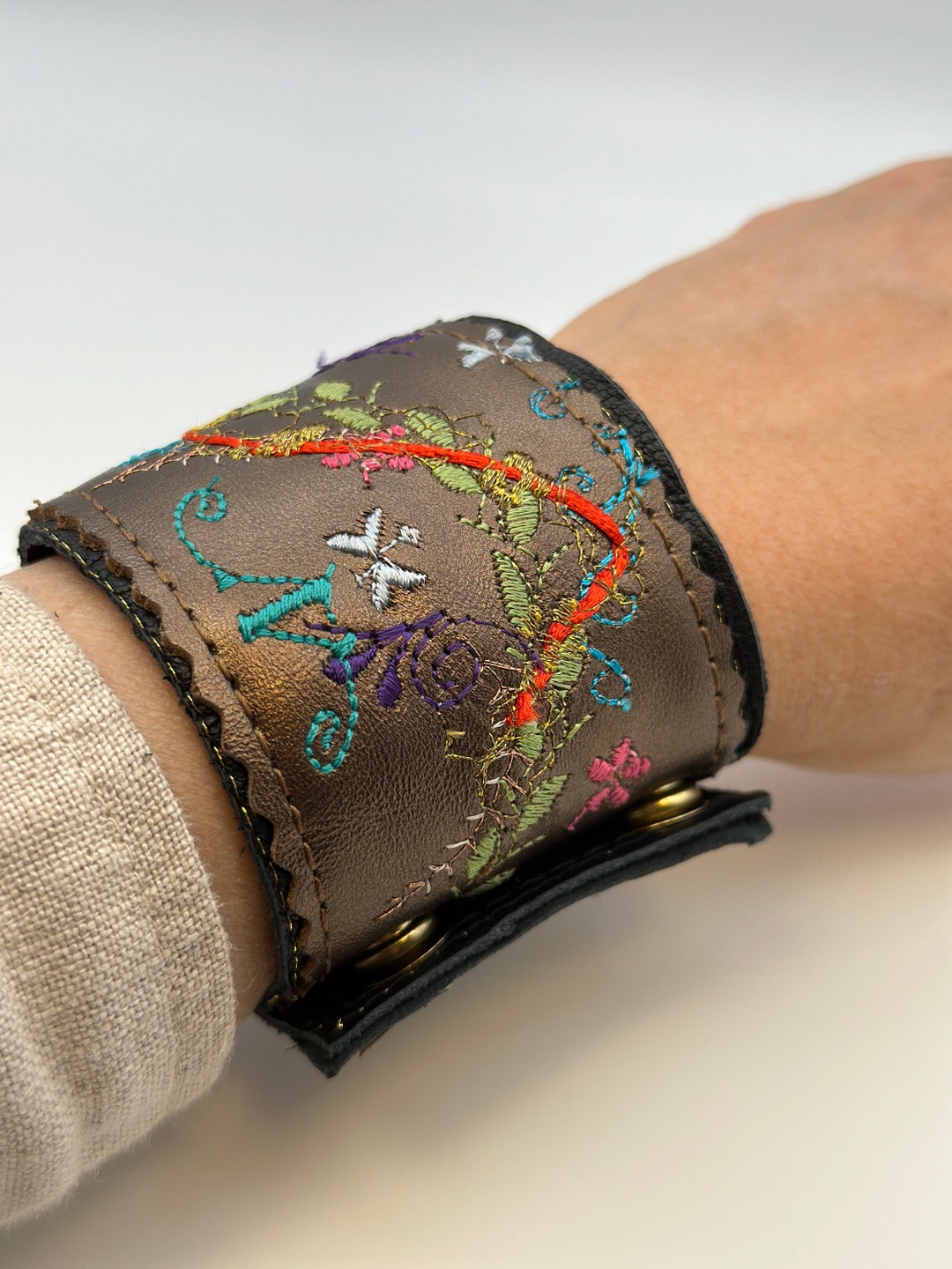 All Leather Cuff With Zippered Bronze Floral Embroidery - Etsy