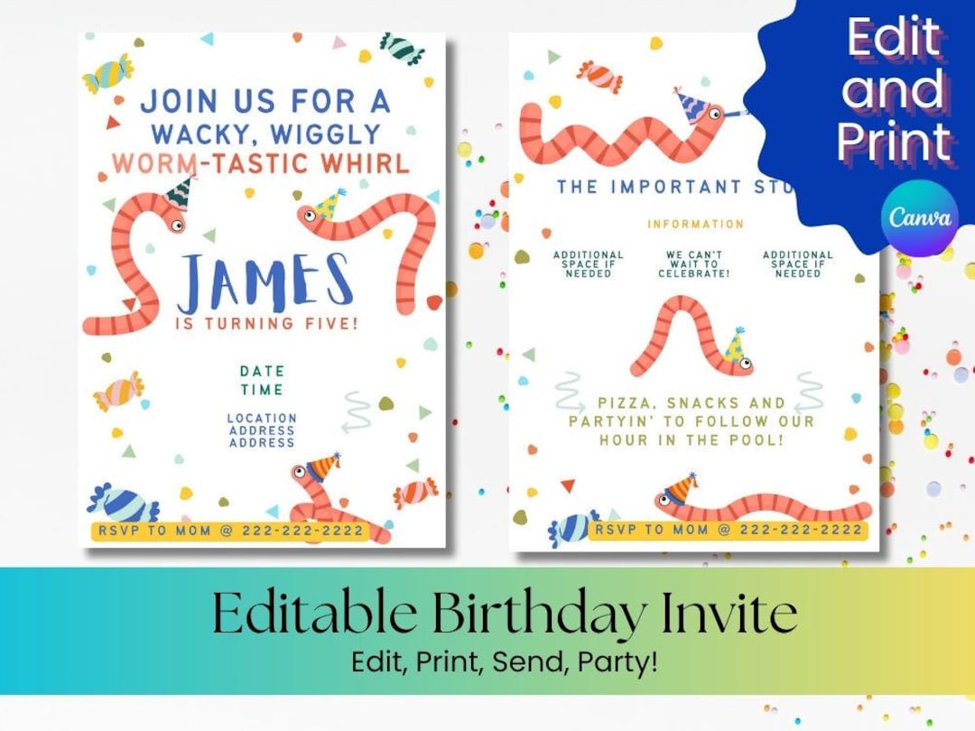 Worm Party Invitation, Worm Birthday, Worm Invite, Kids Garden Party ...
