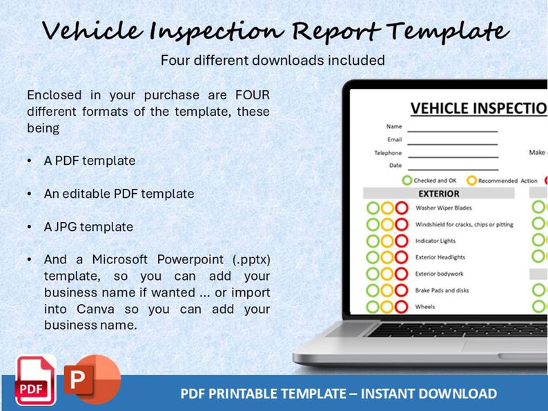 Vehicle Inspection Report Template: Editable PDF Car Checklist (digital ...