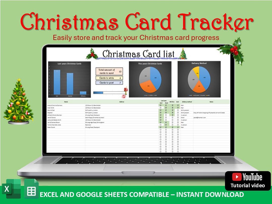 Christmas Card Tracker Excel Googlesheets Yuleltide Spreadsheet Xmas ...