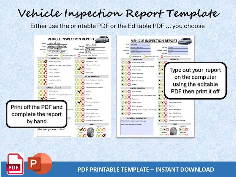 Vehicle Inspection Report Editable PDF Car Evaluation Template Digital ...
