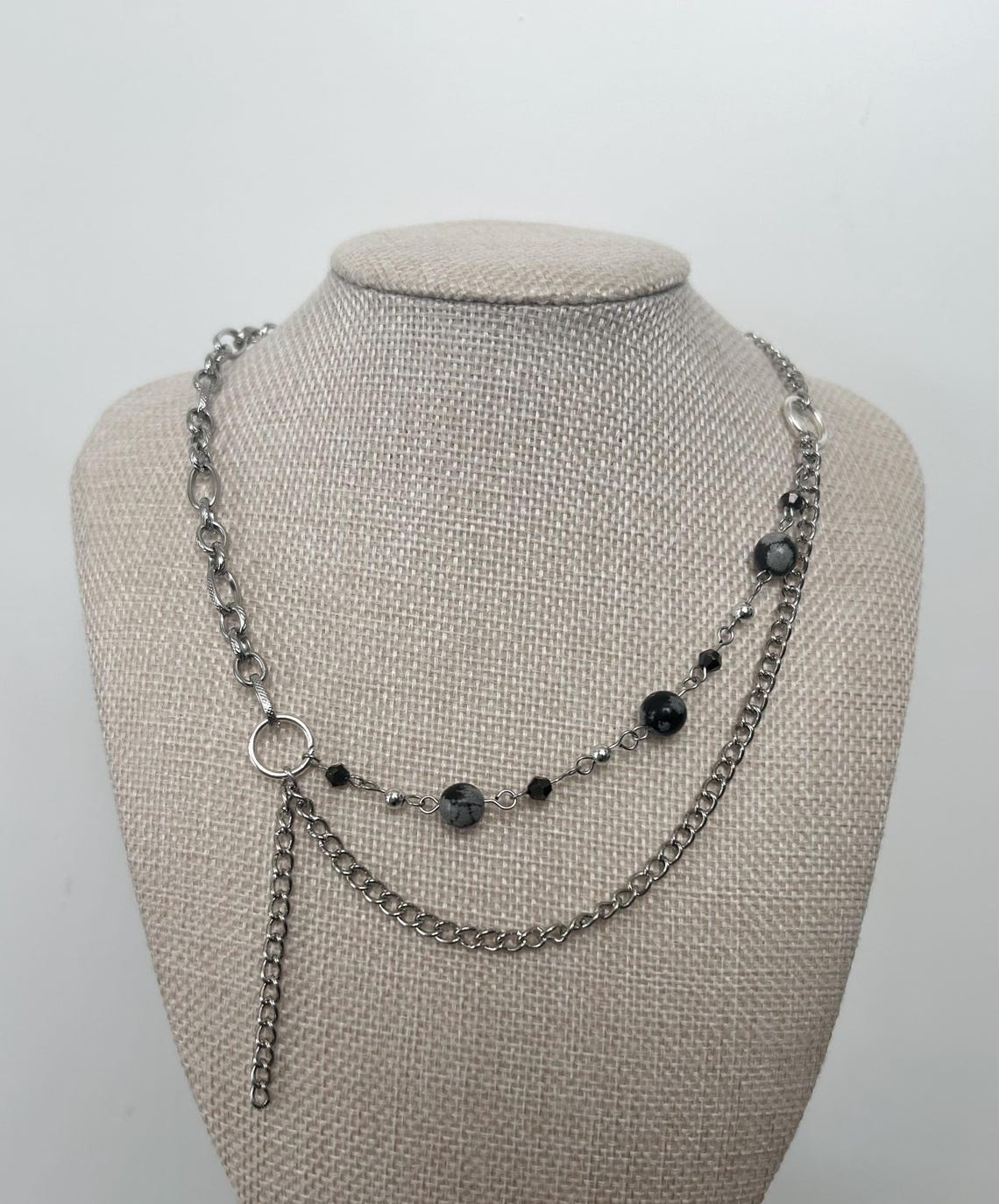 Asymmetrical Beaded Necklace, Layered Chain Jewelry, Black and Silver ...
