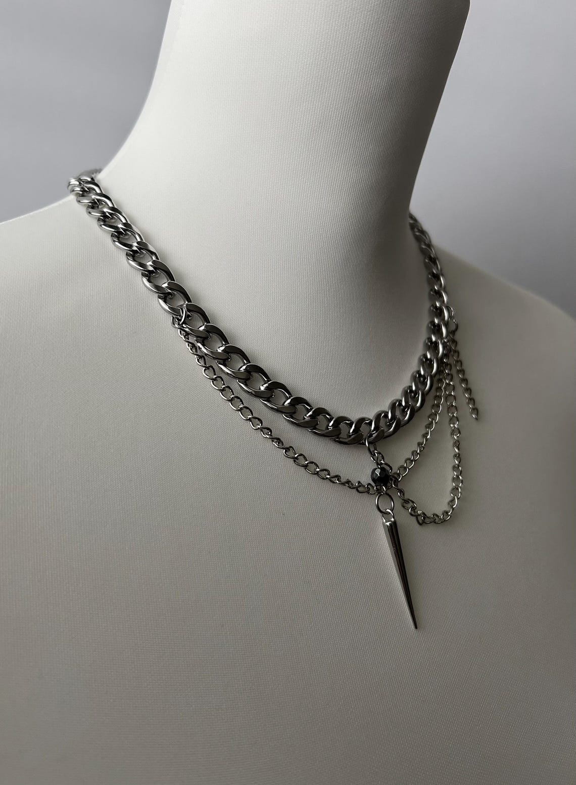 Trendy Silver Layered Chain Necklace Long Spike Pendant Punk Gothic ...