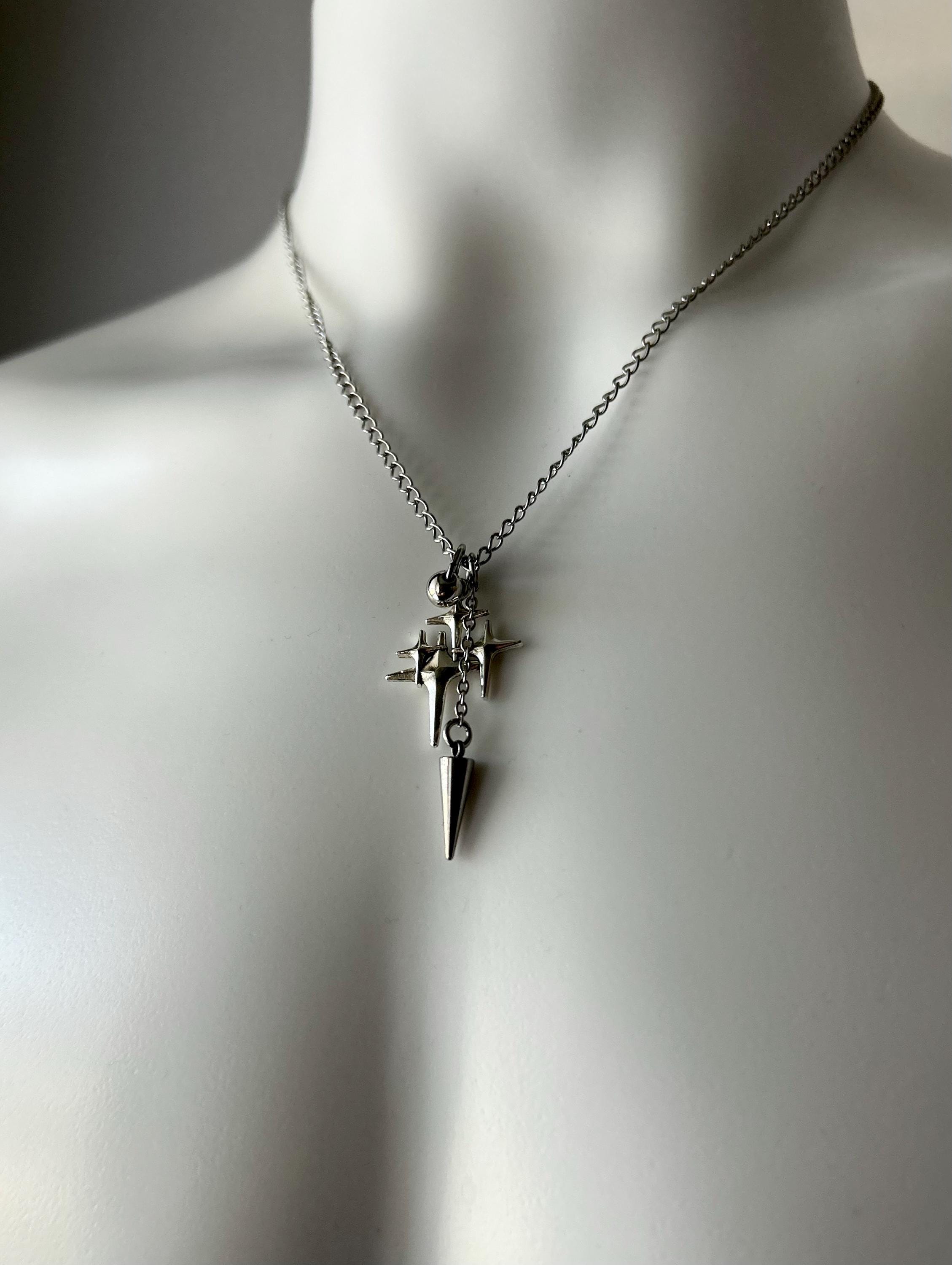 Silver Chain Necklace Edgy Spike Star Charm Jewelry Punk Style Acubi ...
