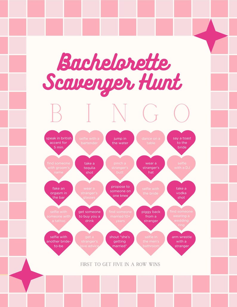Bachelorette Scavenger Hunt Bingo Template, Light Pink Bachelorette ...