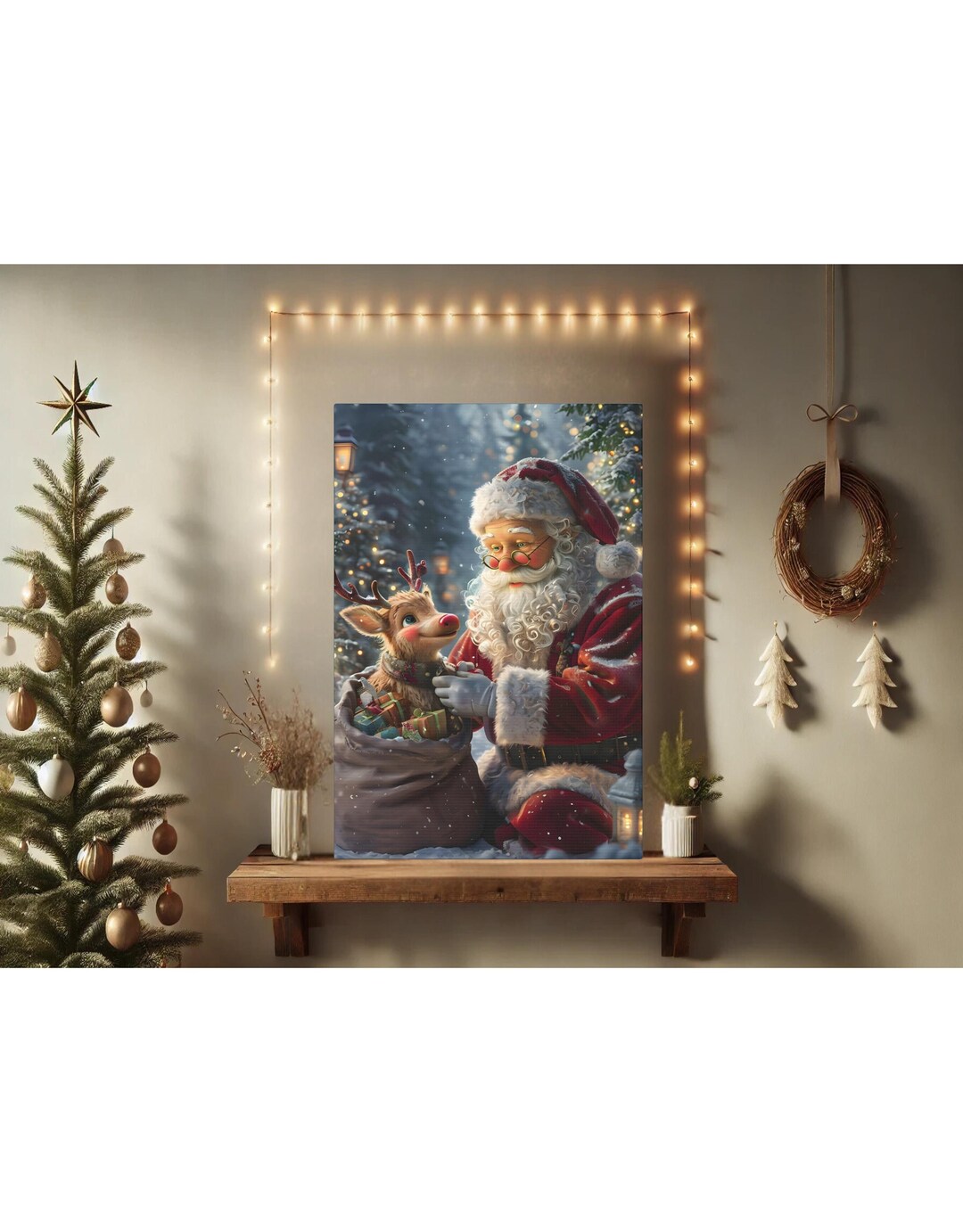 Gentle Santa and Rudolph Canvas Wall Art Print, Christmas Wall Decor ...