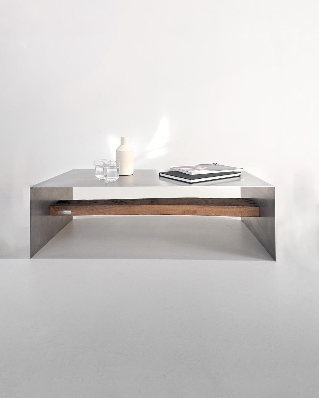 Designer Coffee Table With Oak Shelf | Premium Metal & Wood Lowboard in ...