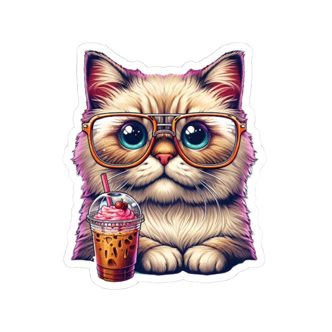 Cat Lover Stickers - Cute Cat With Drink Design - Etsy