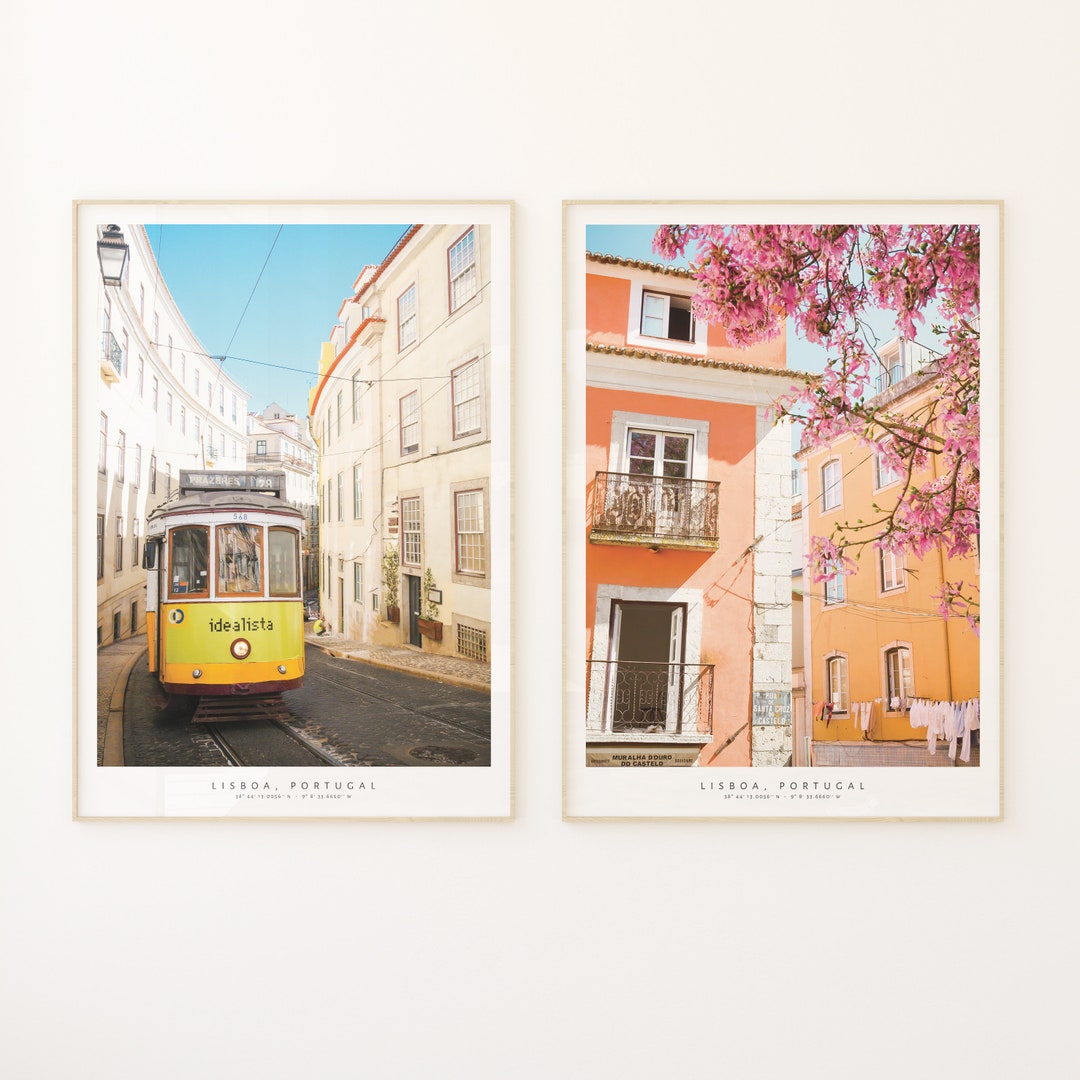 Portugal Iconic Duo Art Print, Yellow Tram and Colorful Street, Summer ...