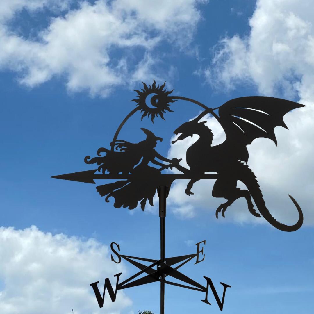 Dragon & Witch Metal Weather Vane - Wind Vane for Roof or Garden Decor ...