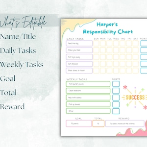 Responsibility Chart, Chore Chart, Reward Chart, Printable ...