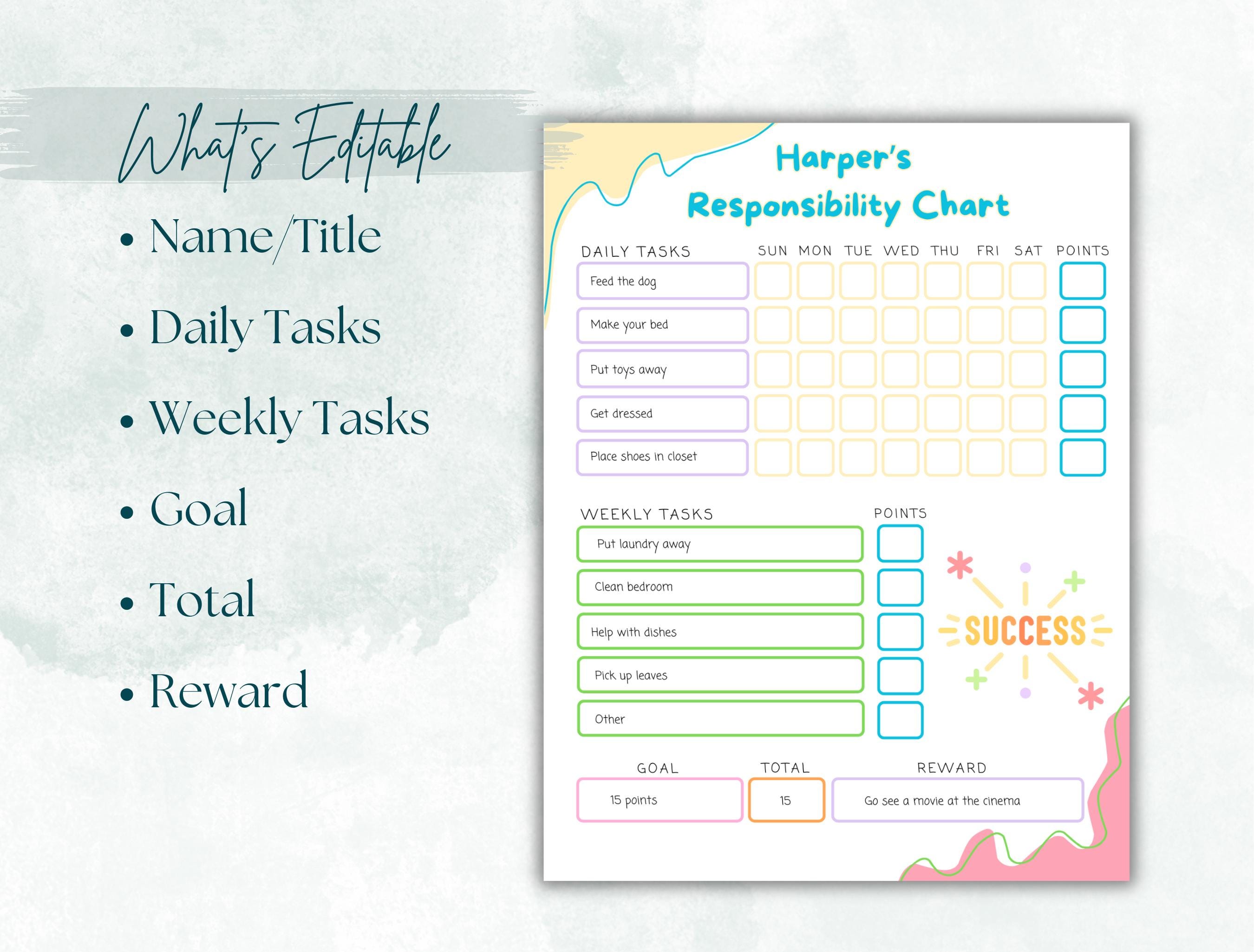 Responsibility Chart, Chore Chart, Reward Chart, Printable ...