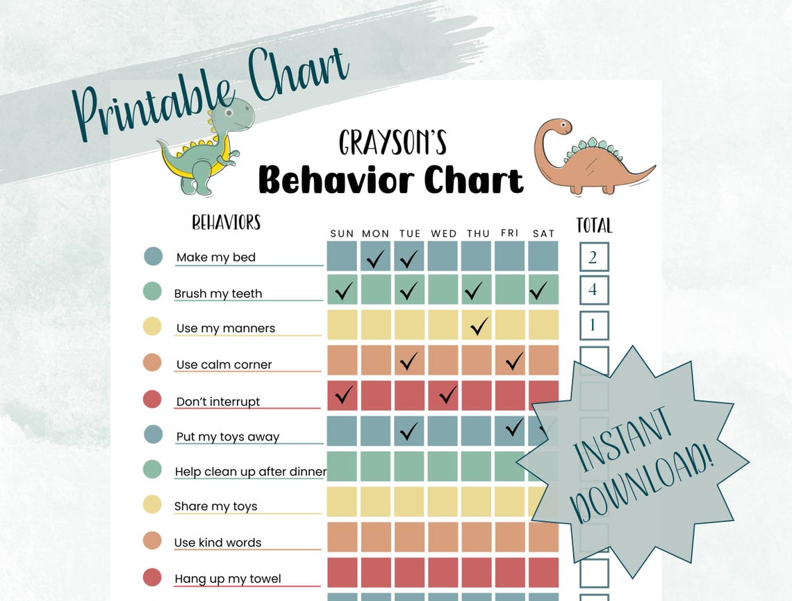 Dinosaur Behavior Chart for Kids, Printable Daily Behavior Chart, Good ...