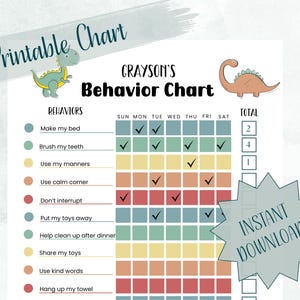 Dinosaur Behavior Chart for Kids, Printable Daily Behavior Chart, Good ...