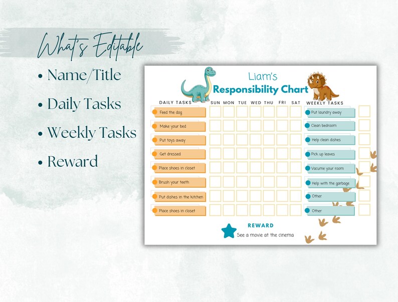 Dino Responsibility Chart, Chore Chart, Reward Chart, Printable ...