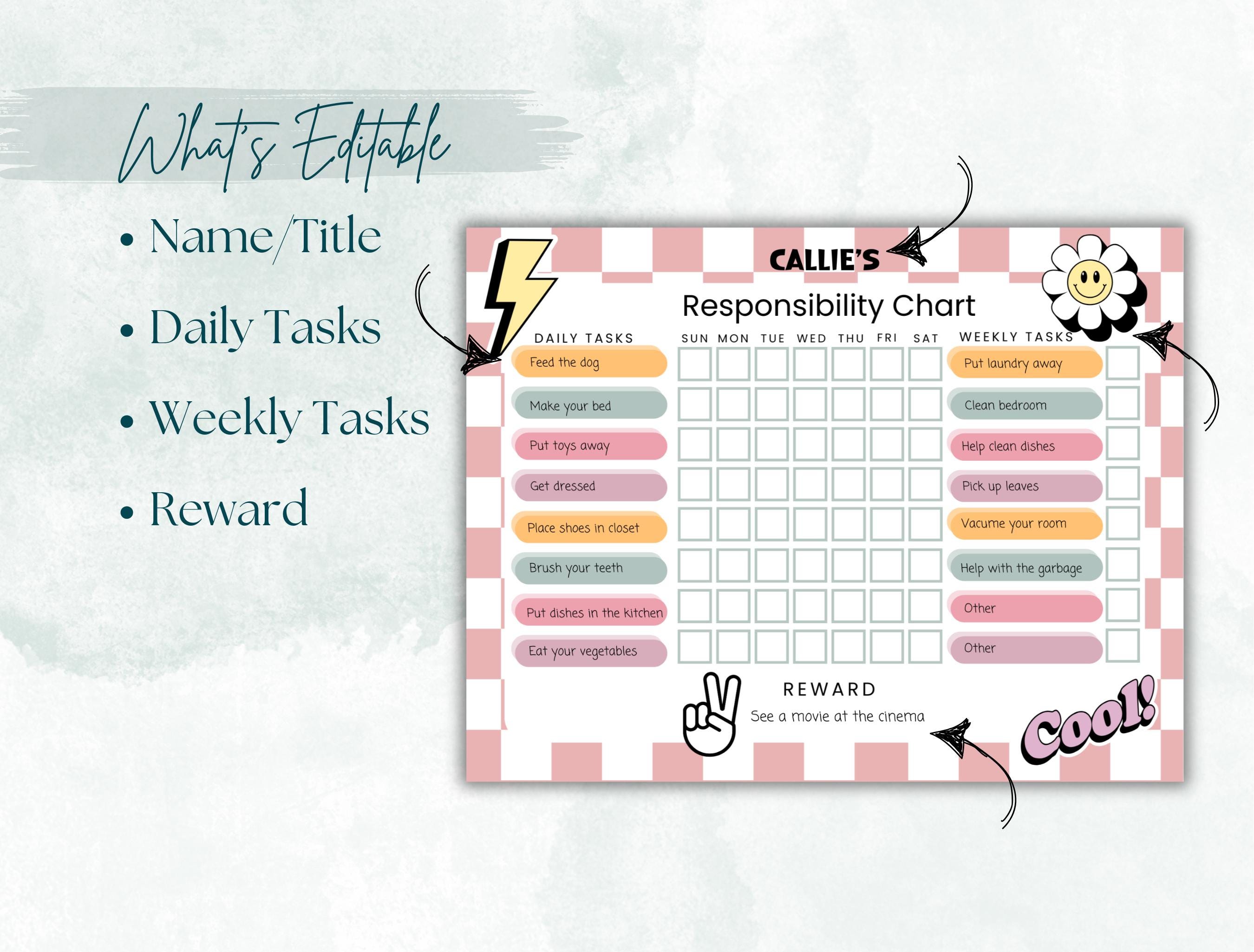 Cool Girl Responsibility Chart, Kids Chore Chart, Kids Reward Chart ...