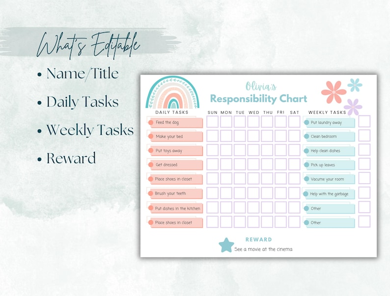 Rainbow Responsibility Chart, Kids Chore Chart, Kids Reward Chart ...