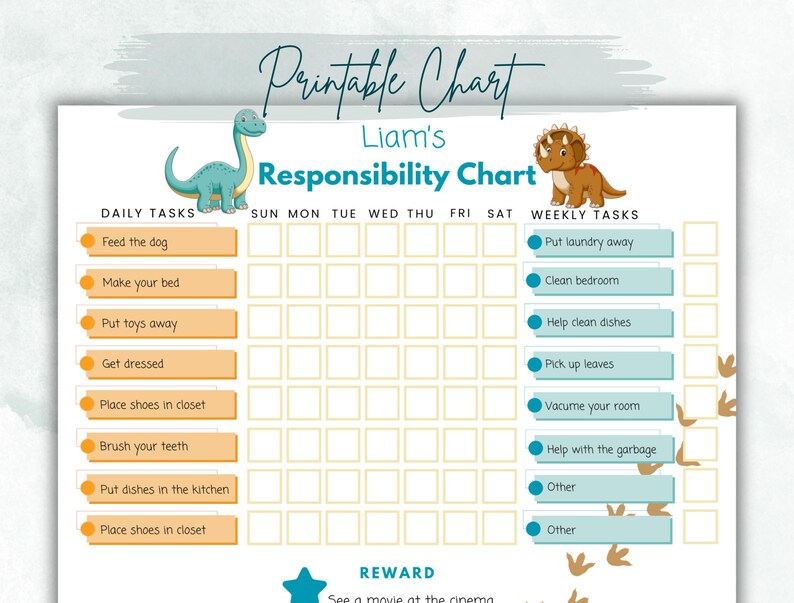 Dino Responsibility Chart, Chore Chart, Reward Chart, Printable ...