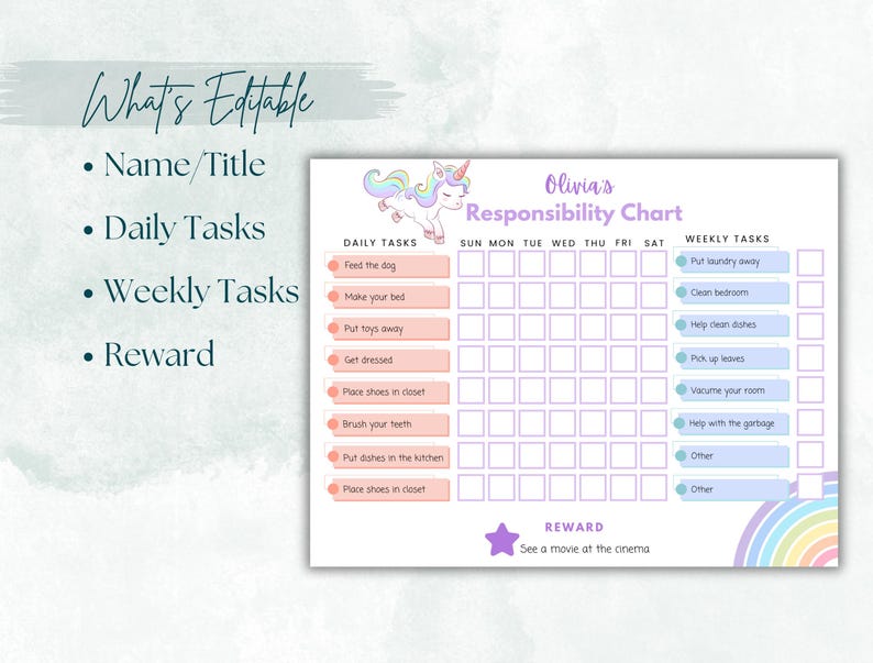 Unicorn Responsibility Chart, Kids Chore Chart, Kids Reward Chart ...