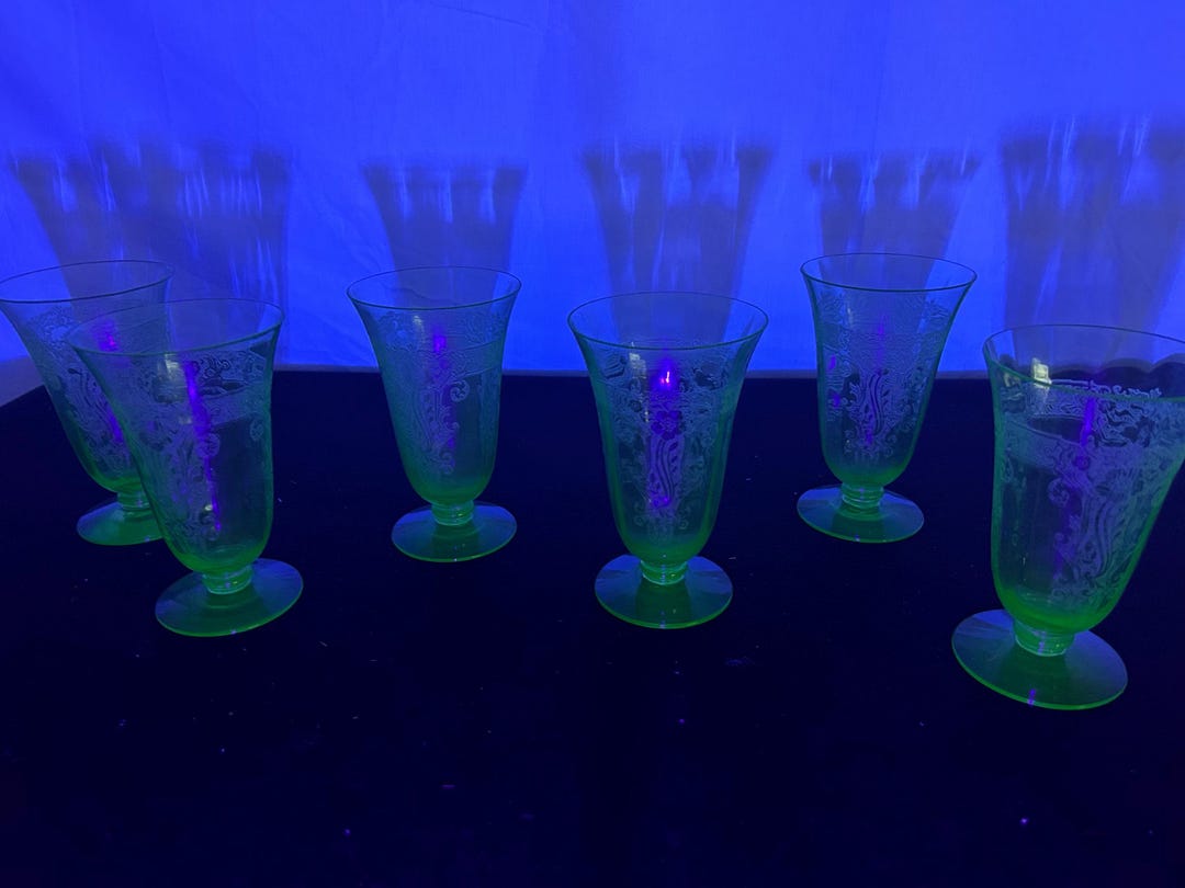 6 Vintage Fostoria Vesper Iced Tea Etched Glasssed. Uranium/illuminate ...