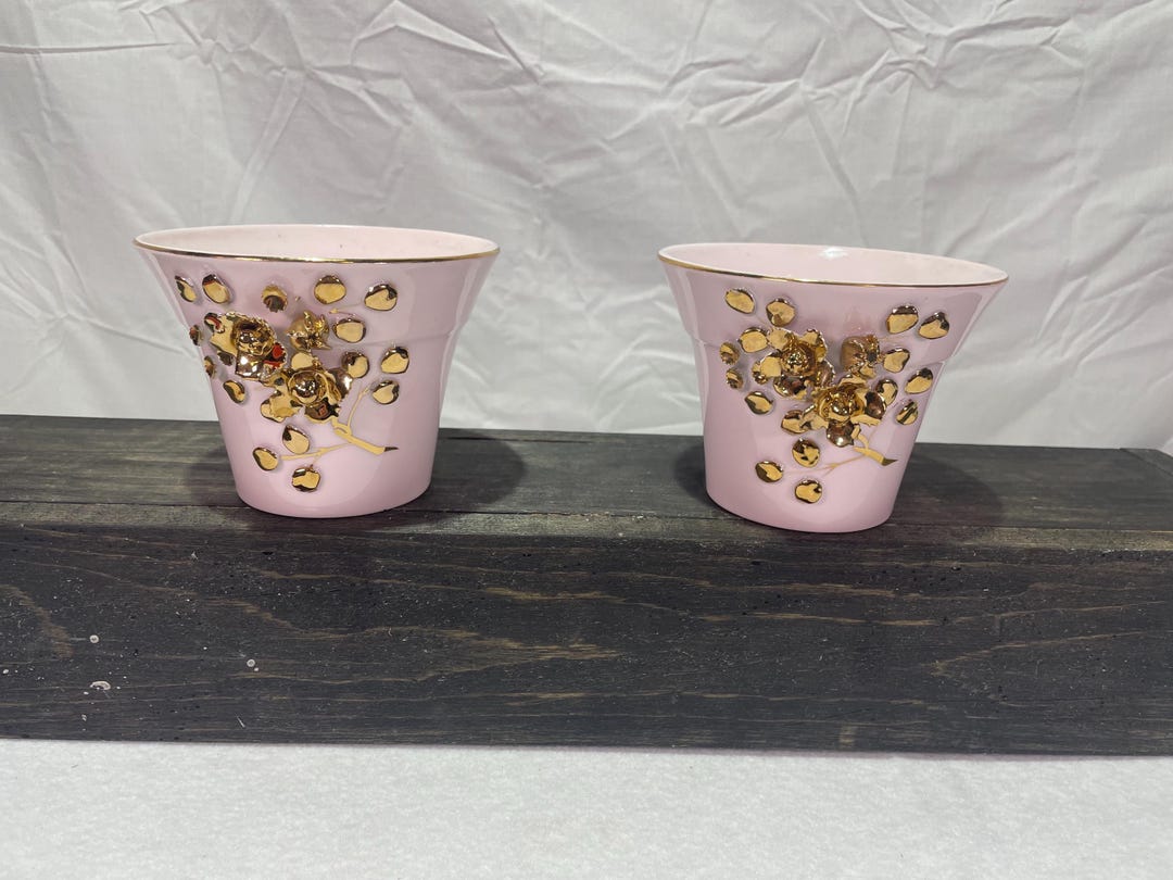Vintage Lefton China Planters: Pink Porcelain With Gold Flowers (set of ...