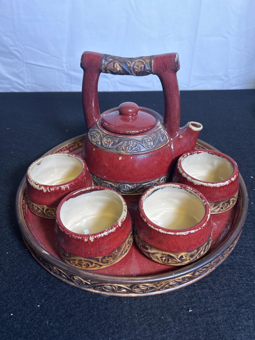 Earthenware 6-piece Tea Set by Pier One | Maroon & Brown | Rustic | - Etsy