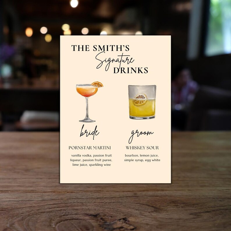 Wedding Signature Drinks Sign, Printable Cocktail Bar Menu Template ...