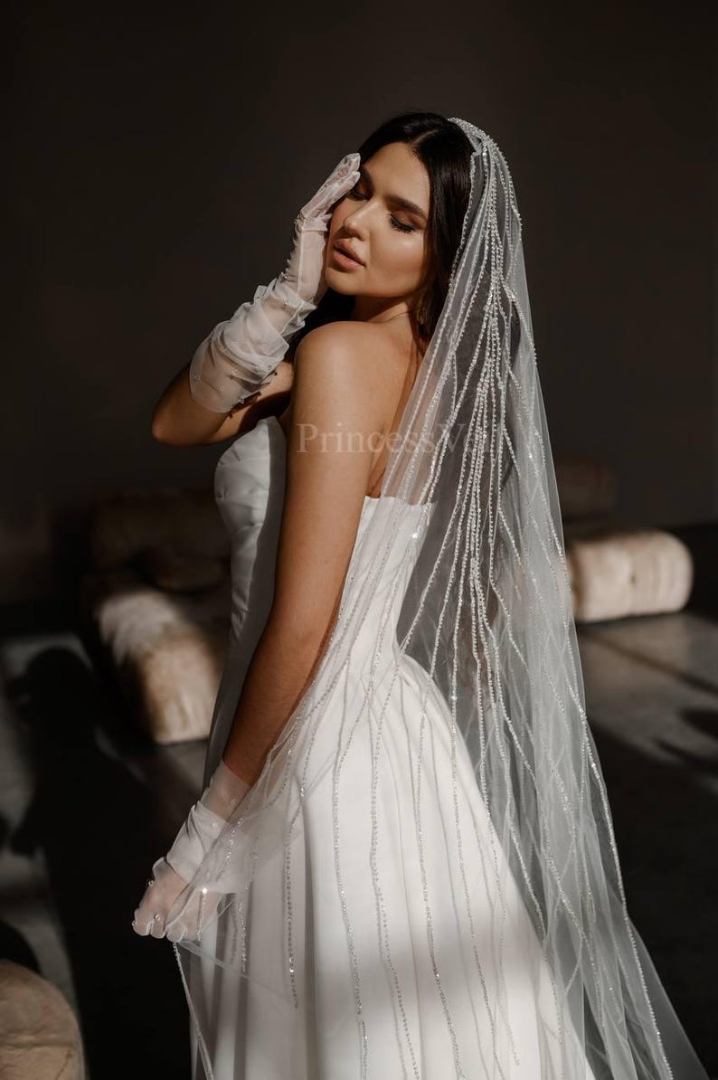 Long One Tier Wedding Veil With Beads and Sequins, Decorated With ...