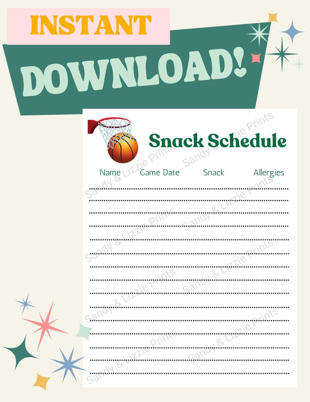 Printable Basketball Team Game Day Snack Schedule 8.5x11 - Etsy