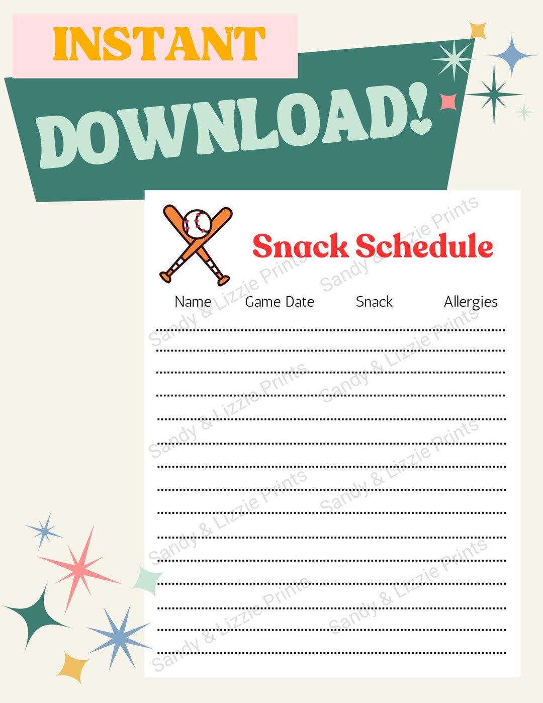 Printable Baseball Team Game Day Snack Schedule 8.5x11 - Etsy