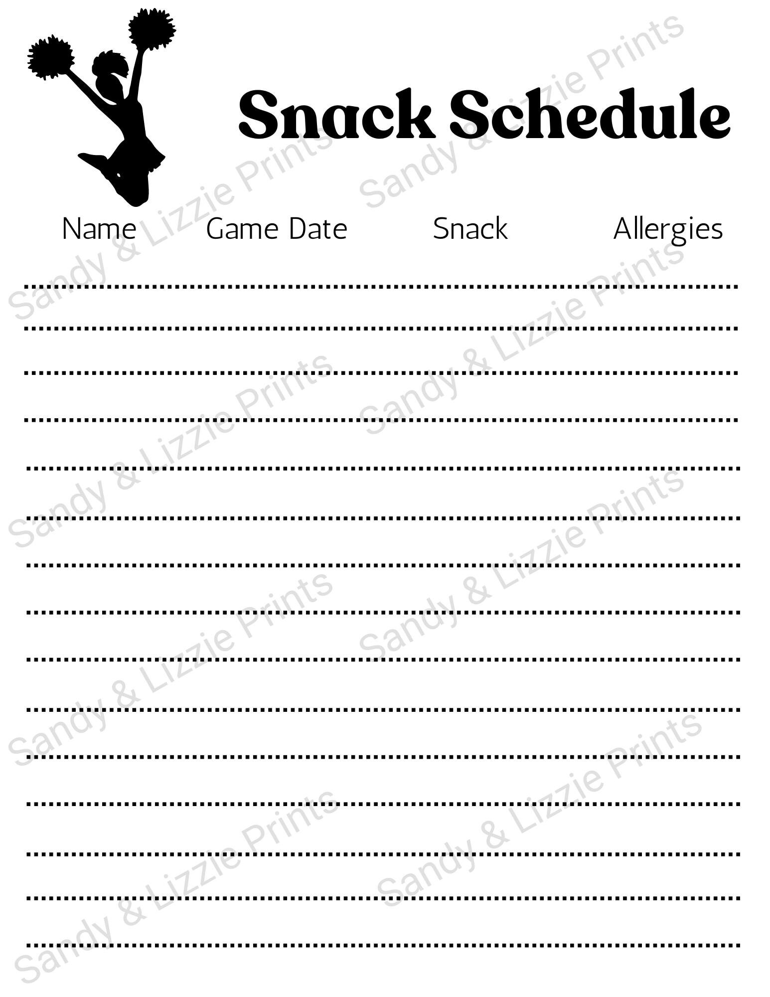 Printable Cheerleading Team Game Day Snack Schedule 8.5x11 - Etsy