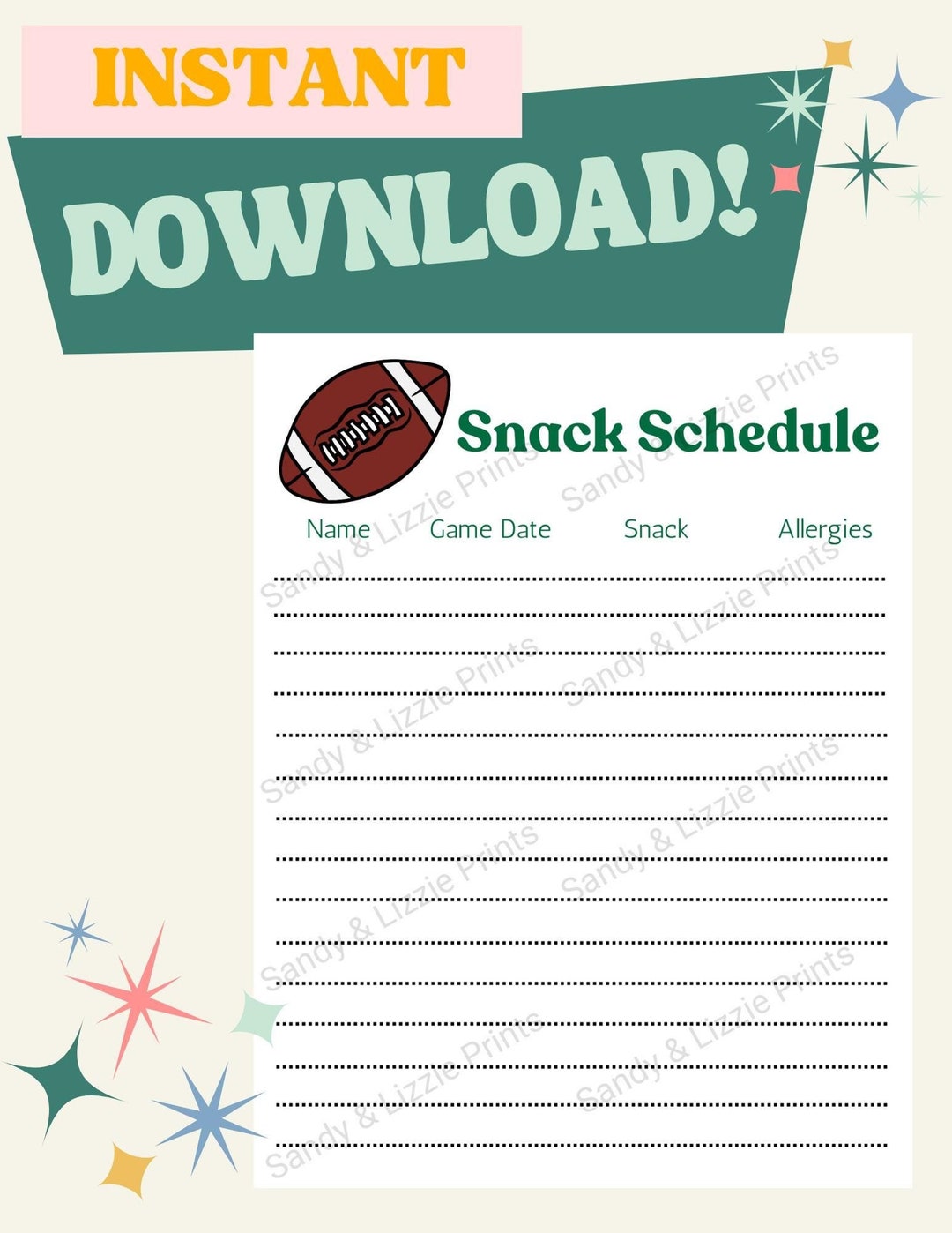 Printable Football Team Game Day Snack Schedule 8.5x11 - Etsy