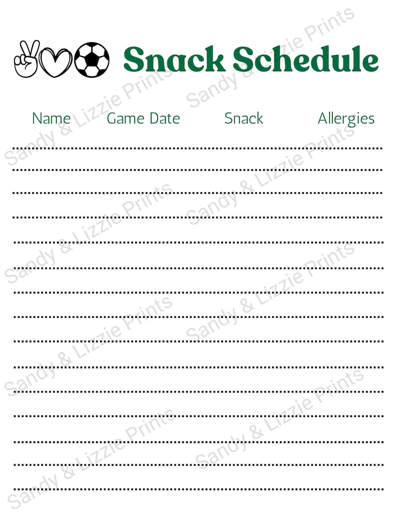 Printable Soccer Team Game Day Snack Schedule 8.5x11 - Etsy