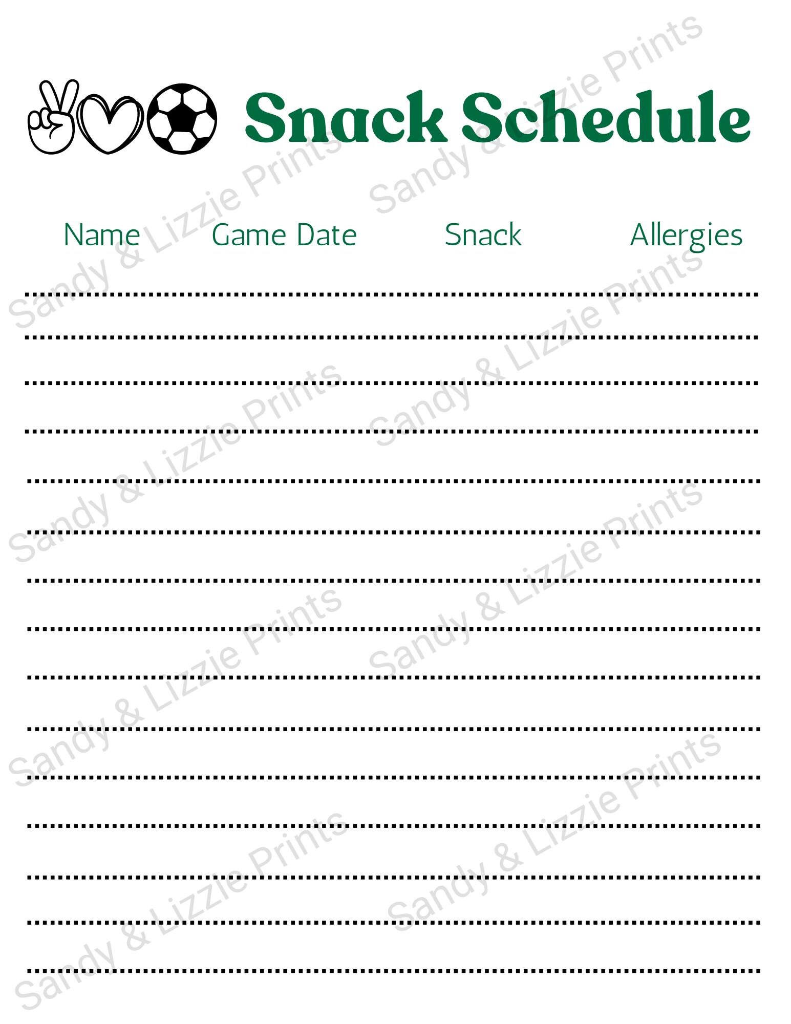 Printable Soccer Team Game Day Snack Schedule 8.5x11 - Etsy