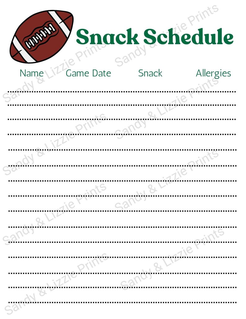 Printable Football Team Game Day Snack Schedule 8.5x11 - Etsy