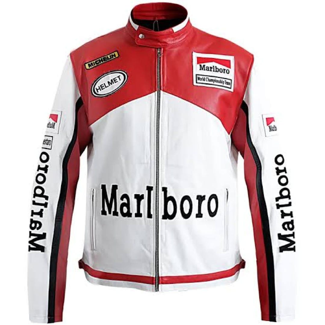 Vintage Maroro Men's Leather Jacket/ White Red Motorcycle Racing Rare ...