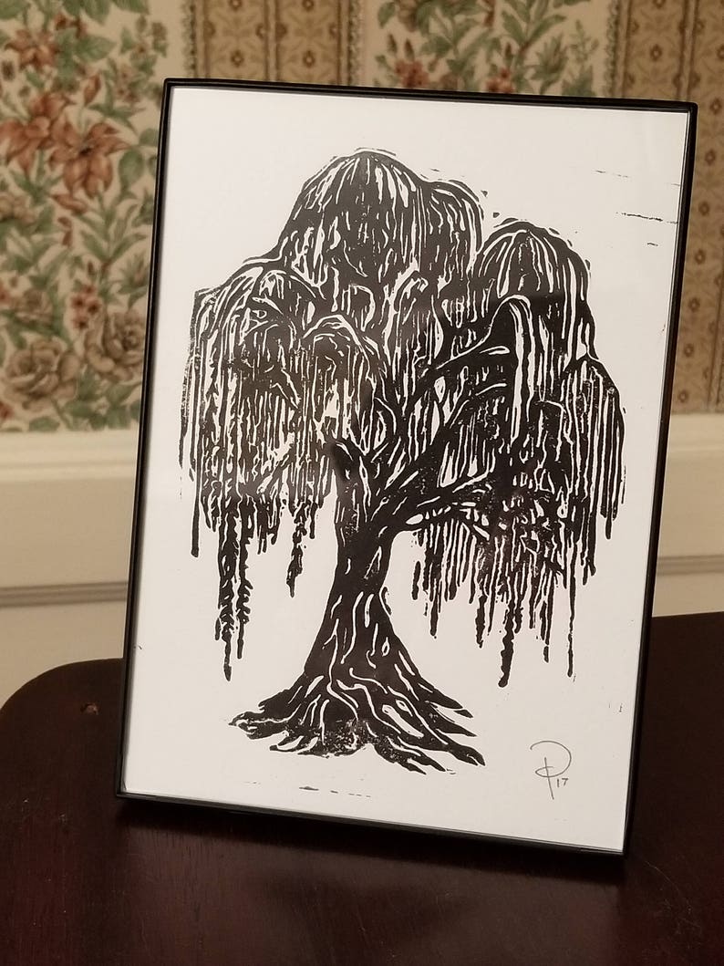 Black Ink Print Willow Tree Original Handcrafted Linoleum | Etsy