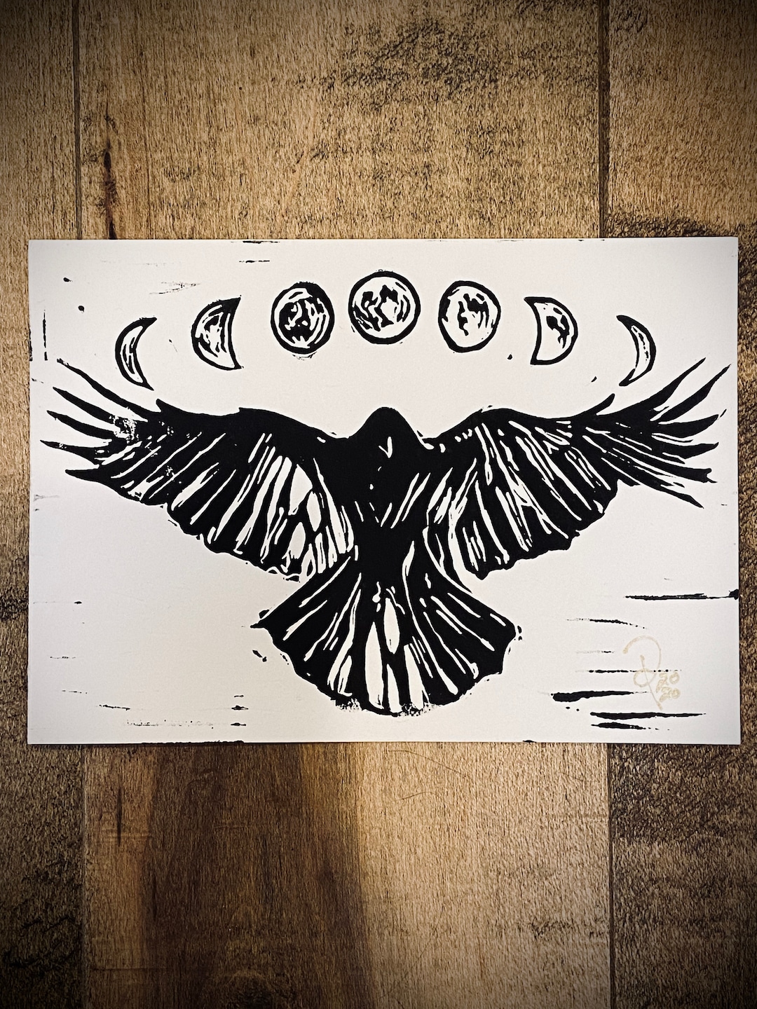 Crow Moon Phases - Animal Totem - Original Handcrafted Linoleum Cut ...