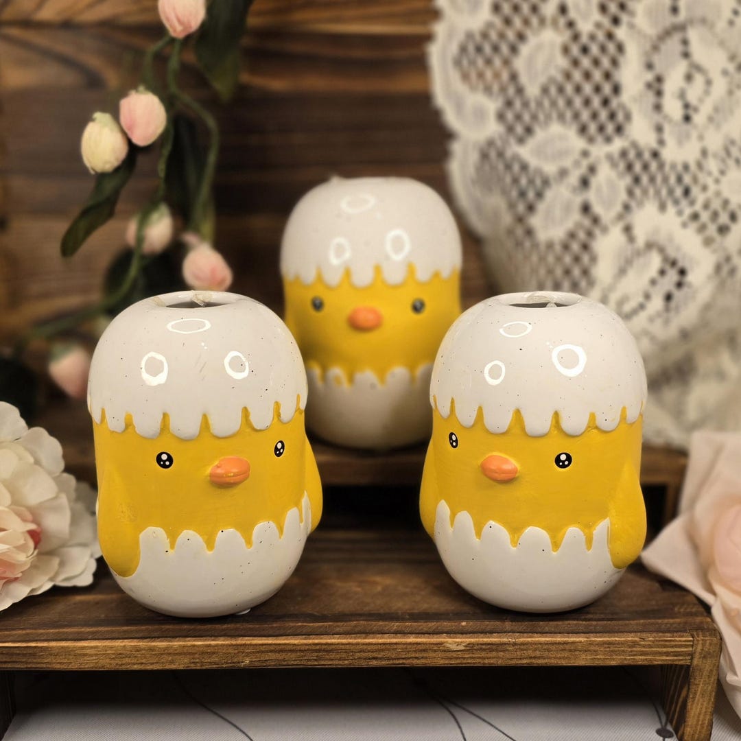 Three Ceramic Hatching Yellow Chicks in Eggshells - Herb Planters, Bud ...