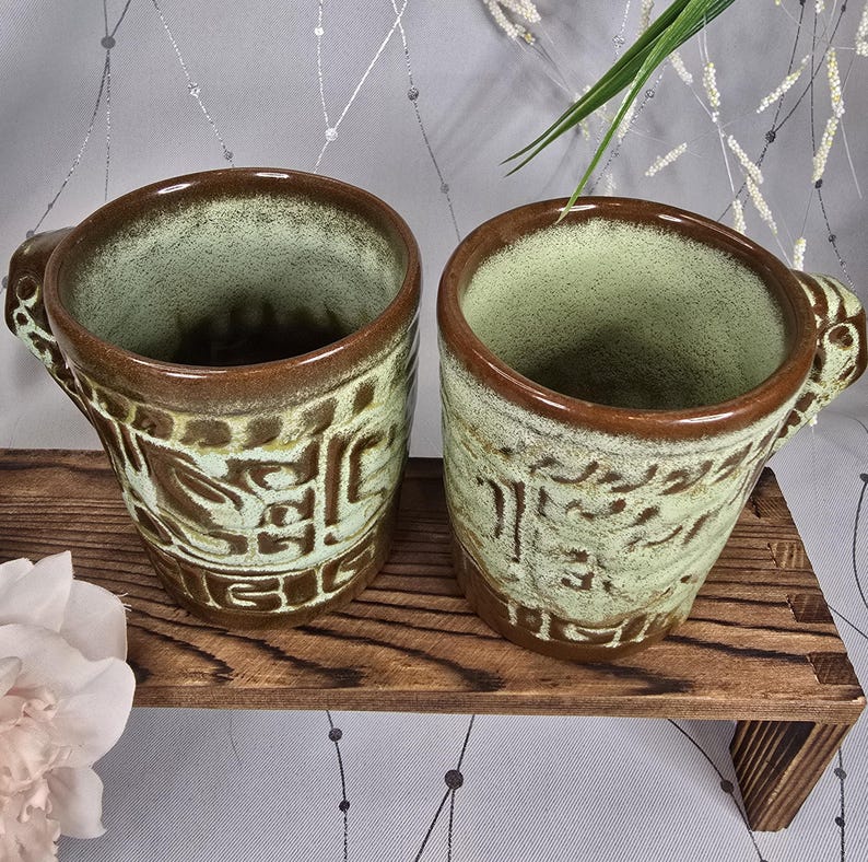 Pair of Vintage Frankoma Pottery 7CL Mugs With Mayan/aztec Pattern ...
