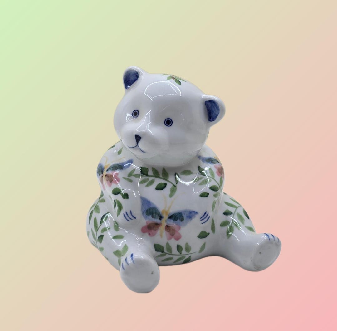 Vintage Ceramic Bear Coin Bank, Pastel Floral & Butterfly Design, 4.75 ...