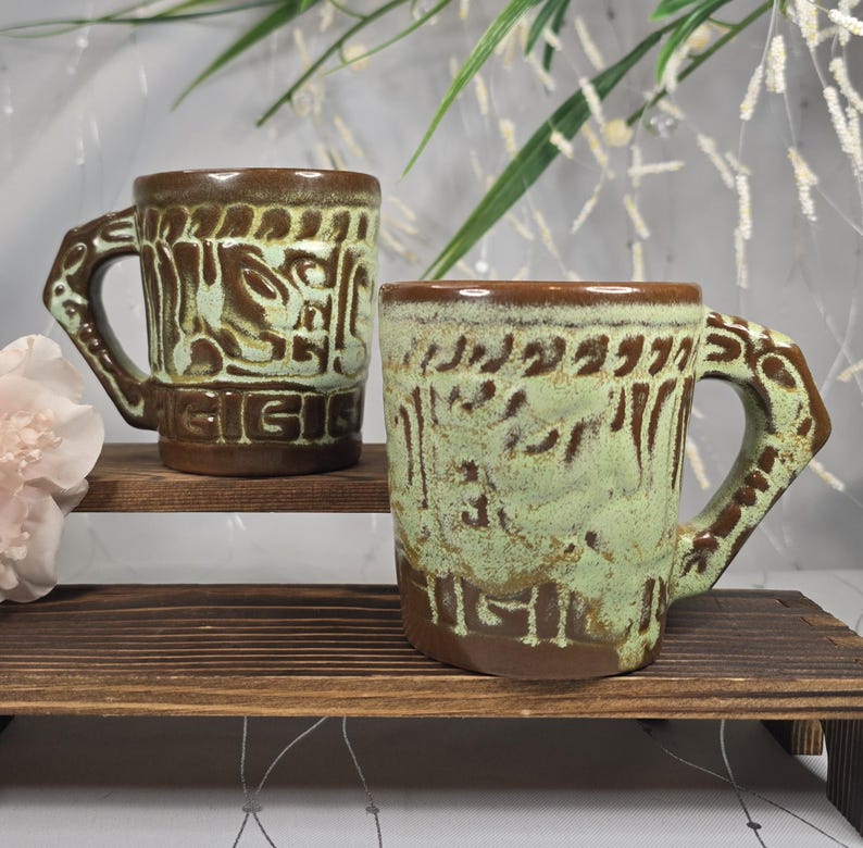 Pair of Vintage Frankoma Pottery 7CL Mugs With Mayan/aztec Pattern ...