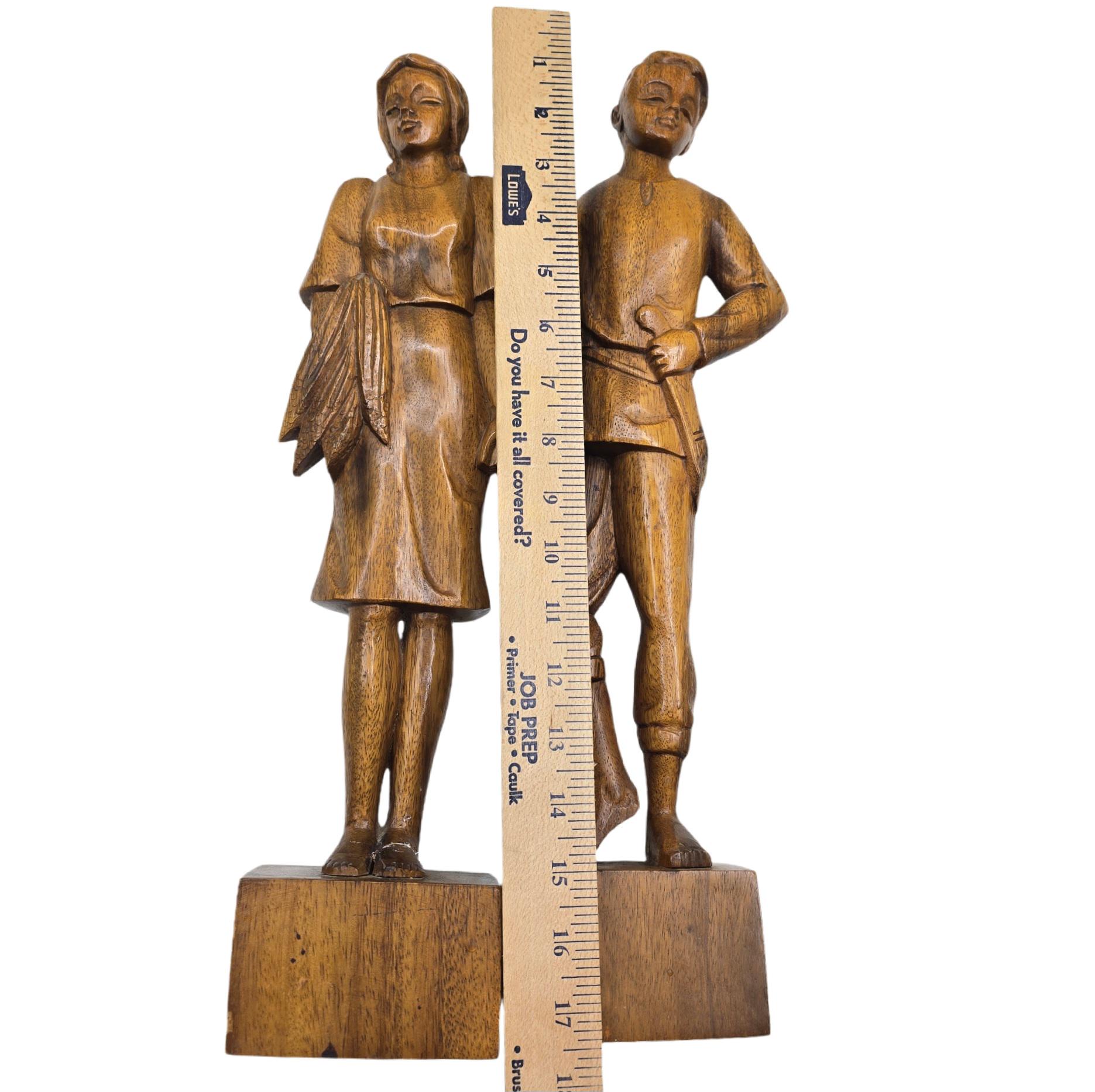 Acacia Wood Statue Pair, Filipino Hand Carved Folk Art - Vintage 1970s ...