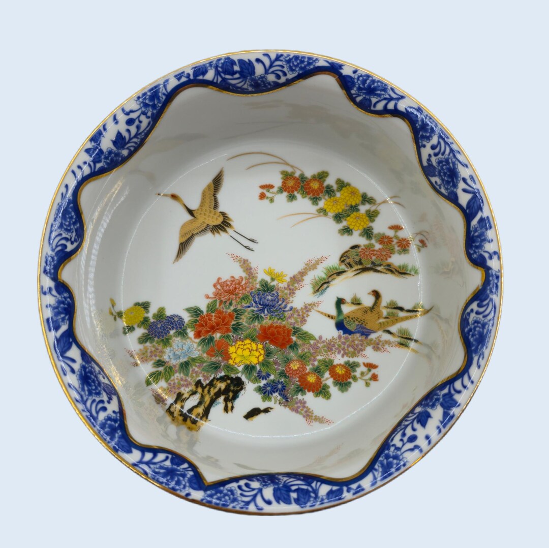 Hiroshi Koyama Porcelain Bowl, Cranes & Floral Design - Elegant ...