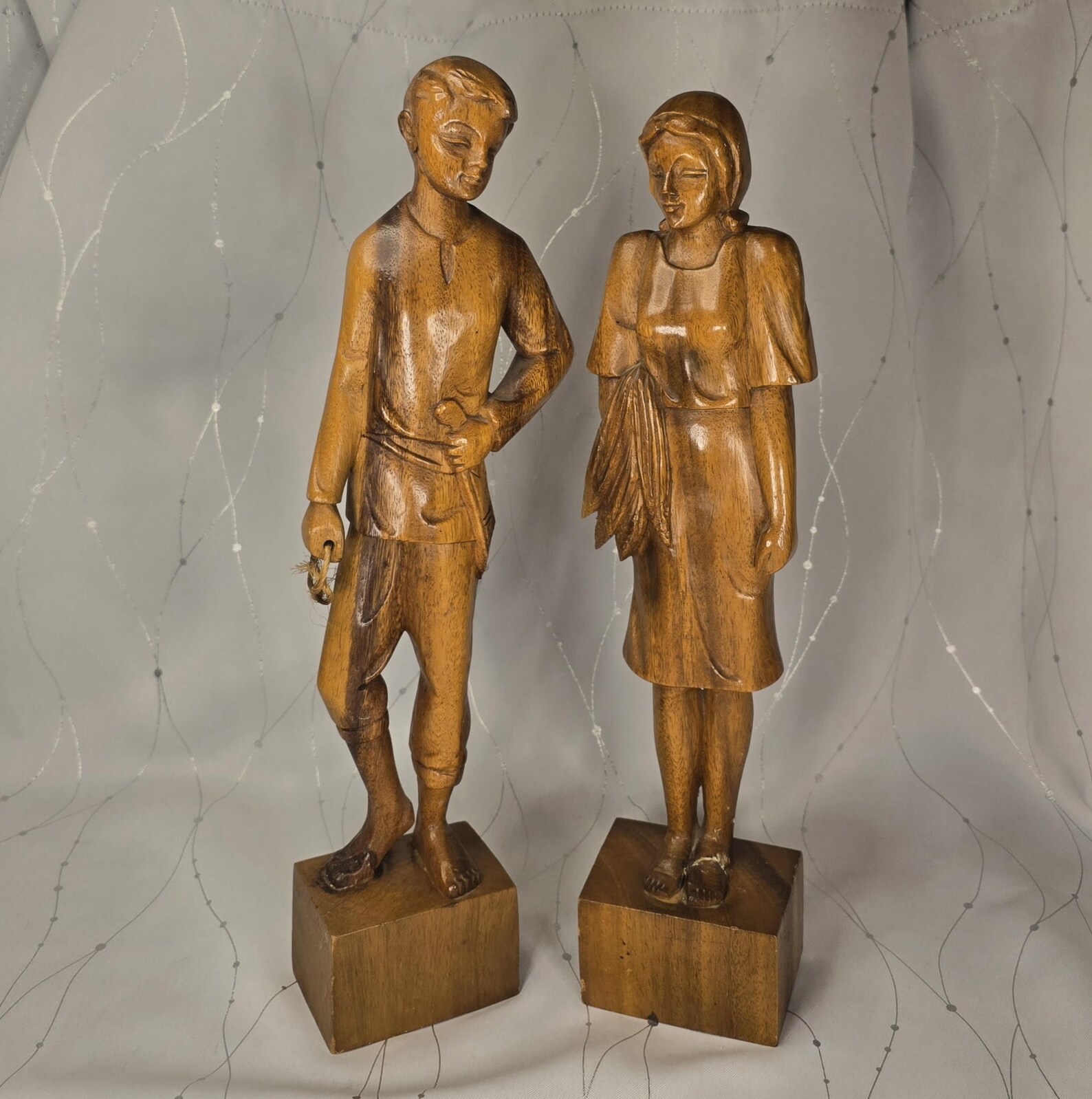 Acacia Wood Statue Pair, Filipino Hand Carved Folk Art - Vintage 1970s ...