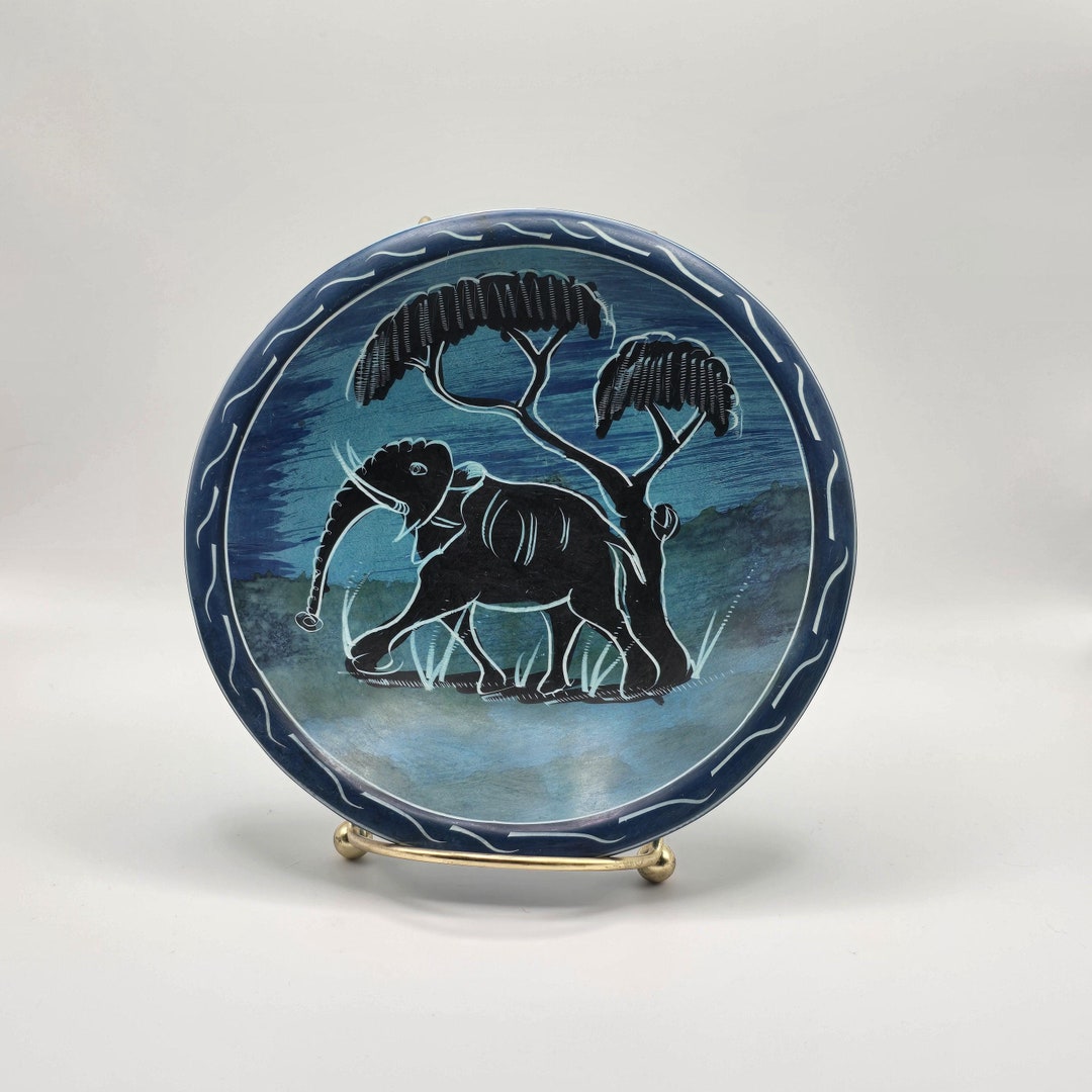 Kenyan Soapstone Plate, 6", Hand Carved and Hand Painted, Bright Blue ...