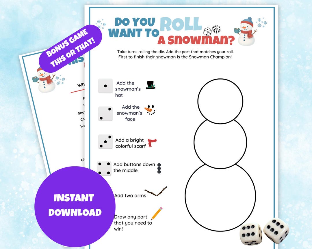 Snowman Dice Game, Ice Breaker Games, Printable Party Game (PDF) - Etsy