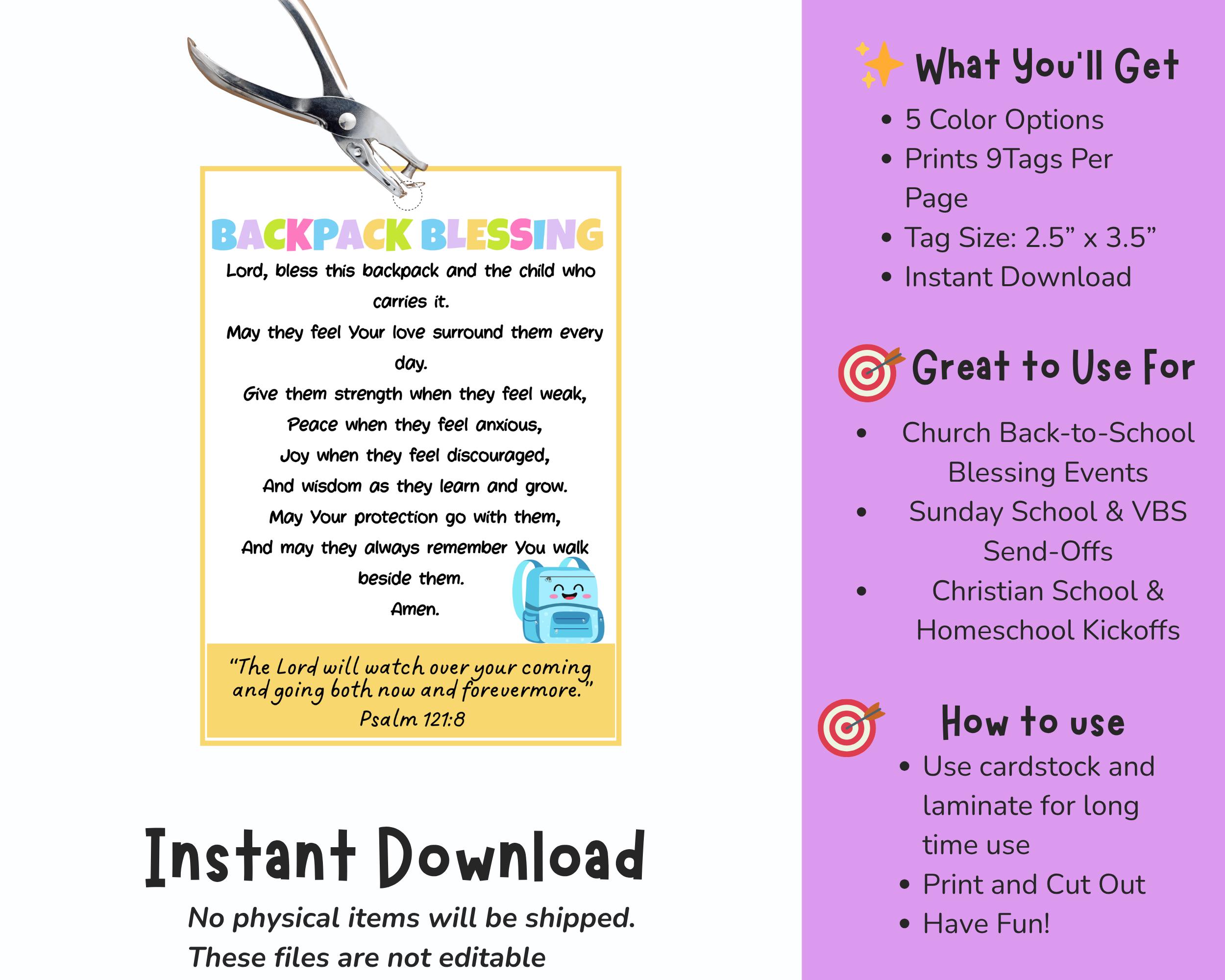 Backpack Blessing Tag, Back to School Prayer Printable, Lunchbox Notes ...