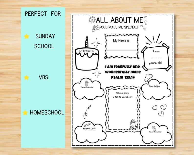 All About Me Worksheet, Kids Ministry Activity, Sunday School - Etsy
